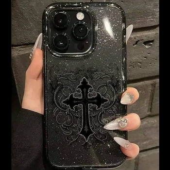 Luxury Bling Glitter Gothic Cross Clear Phone Case For iPhone 15 13 14 ...