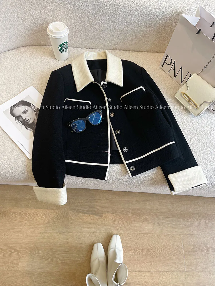 Contrast Color Patchwork Women Classic Jacket Coat Lapel Roll Up Hem ...