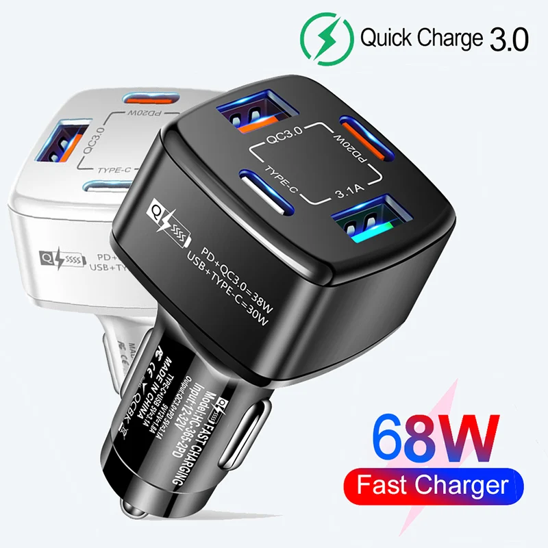 Adaptador de carga rápida para coche, cargador Dual USB C de 68W, QC3.0 PD, para iPhone 14, 13 ...