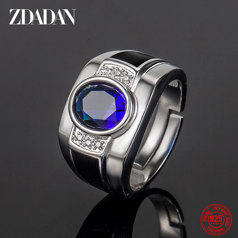 ZDADAN-925-Sterling-Silver-Blue-Crystal-Adjustable-Rings-For-Men ...