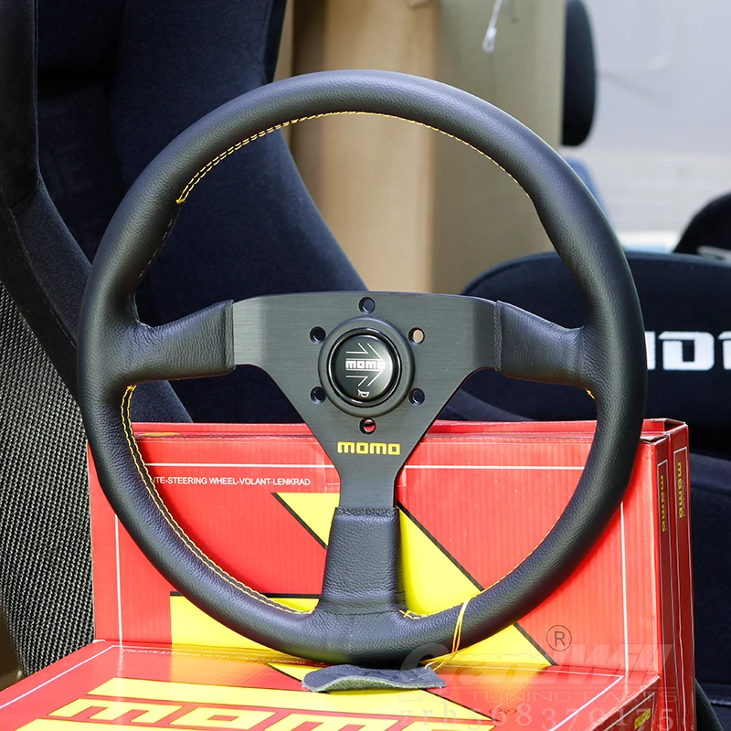 Momo-Volante-universal-de-carreras-V1-350mm-cuero-genuino-radios ...