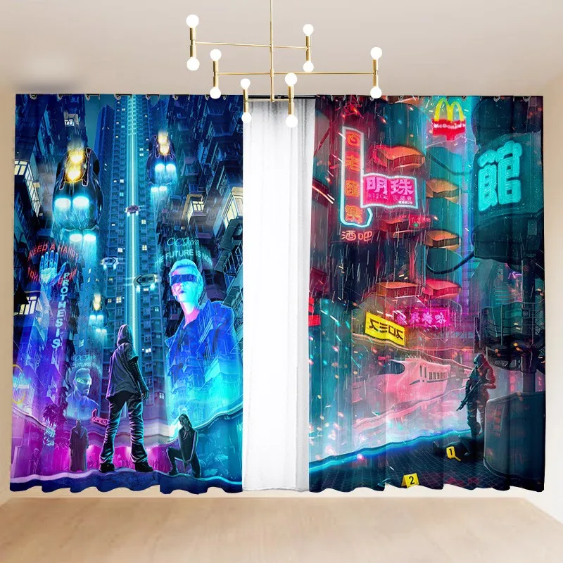 Cartoon-Curtain-Bedroom-Semi-Blackout-Bay-Window-Sci-fi-Cyberpunk-Hook ...