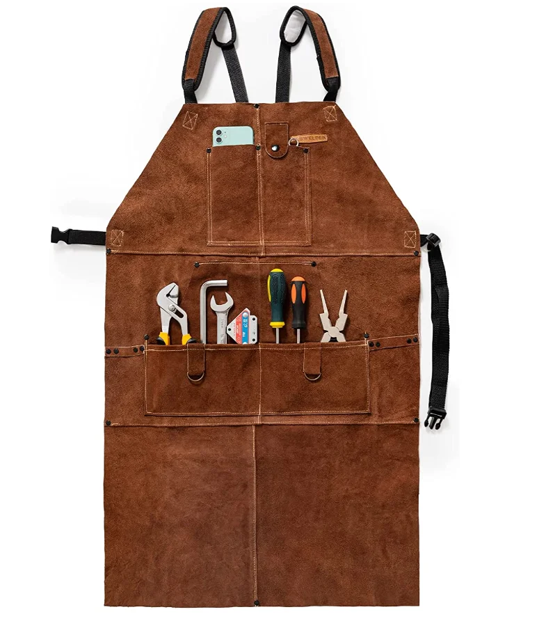 YESWELDER Leather Welding Work Shop Apron with 6 Pockets Heat Flame ...