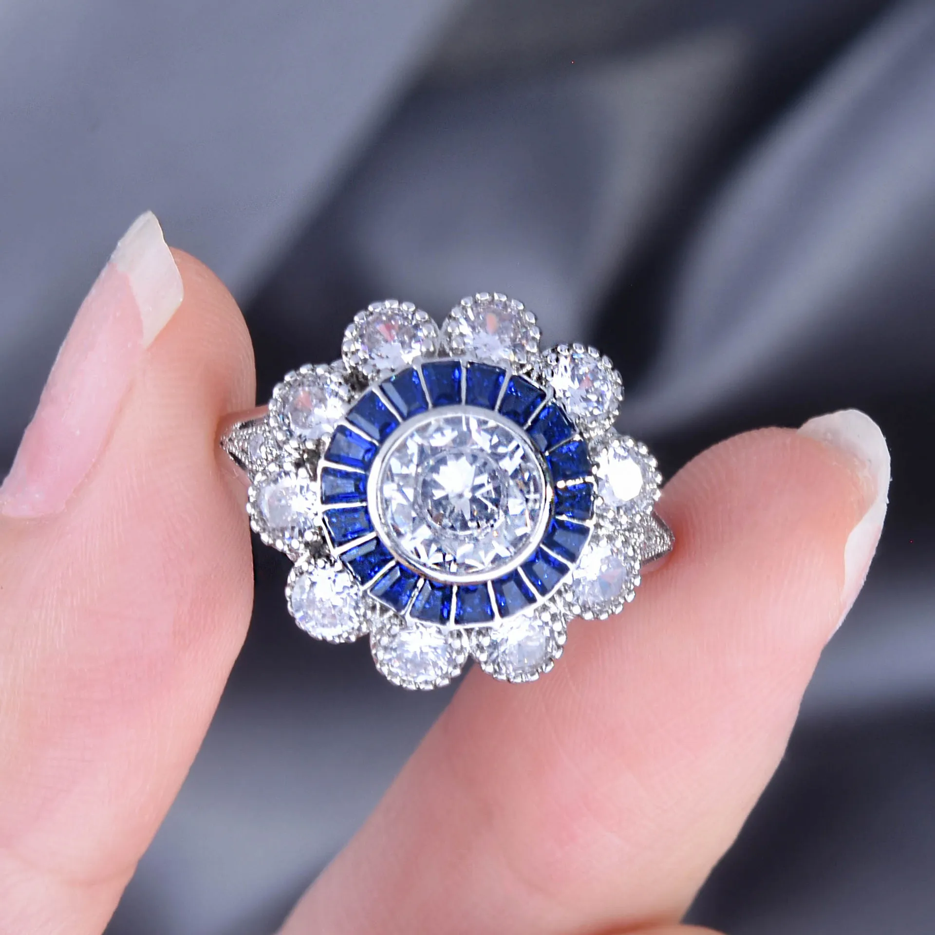 925-Silver-Fashion-Flower-Shape-Rings-for-Women-Wedding-Blue-Zircon ...