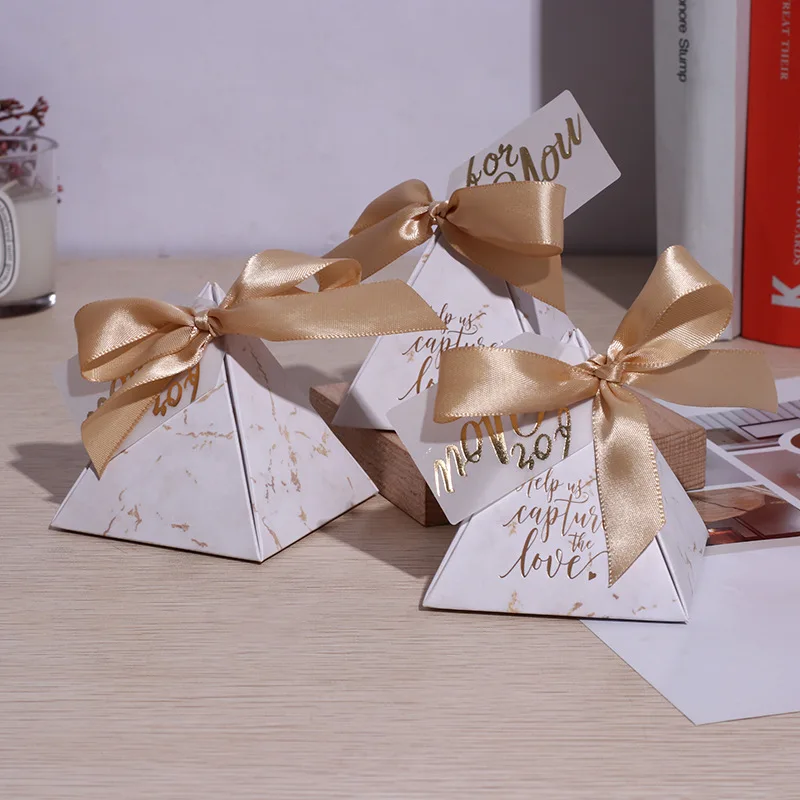 Wholesale Marble Triangle Shape Candy Gift Box Packaging Thank You Samll Paper Boxes with Ribbon ...