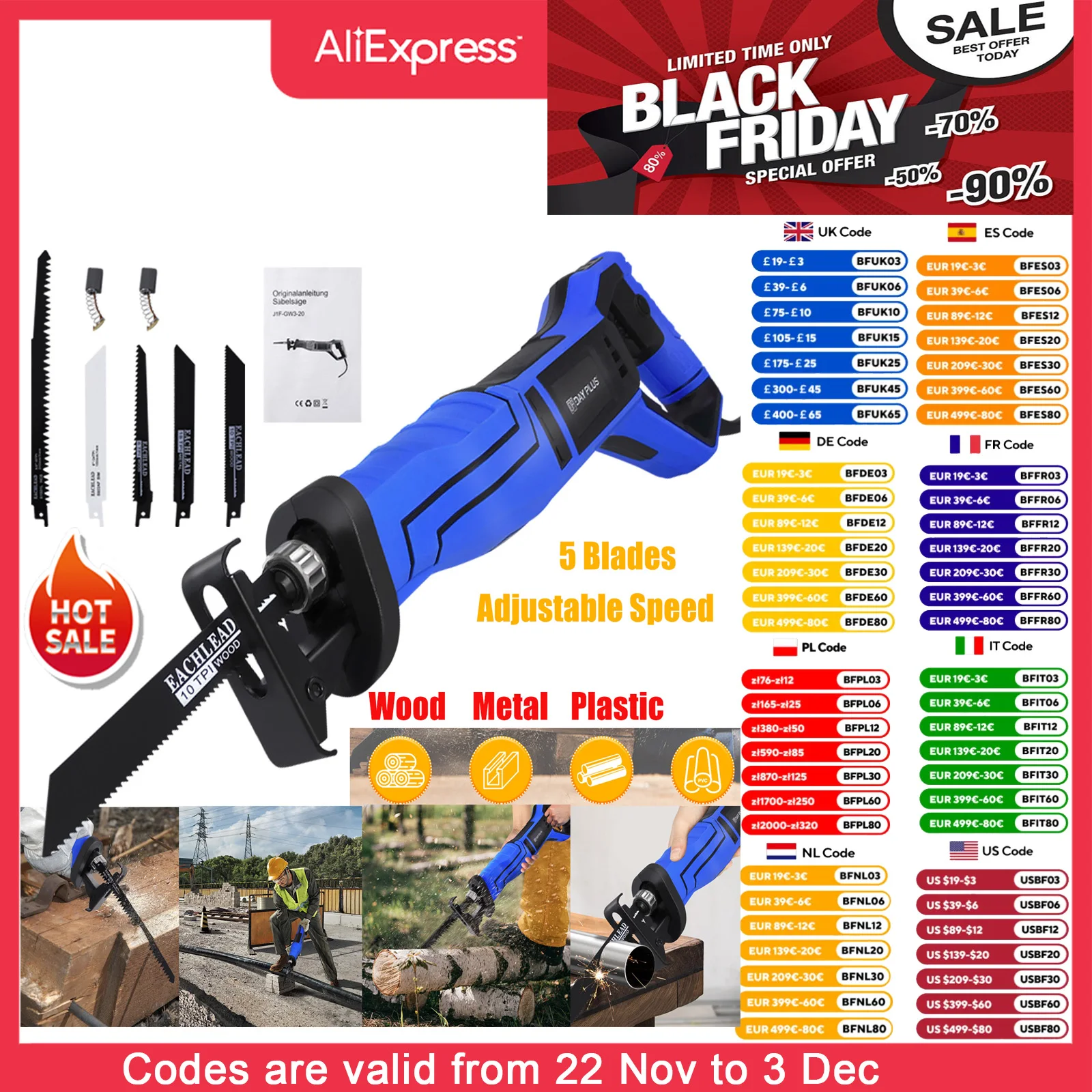 DayPlus-Electric-Reciprocating-Saw-900W-Corded-Compact-Hand-Saw-with-5 ...