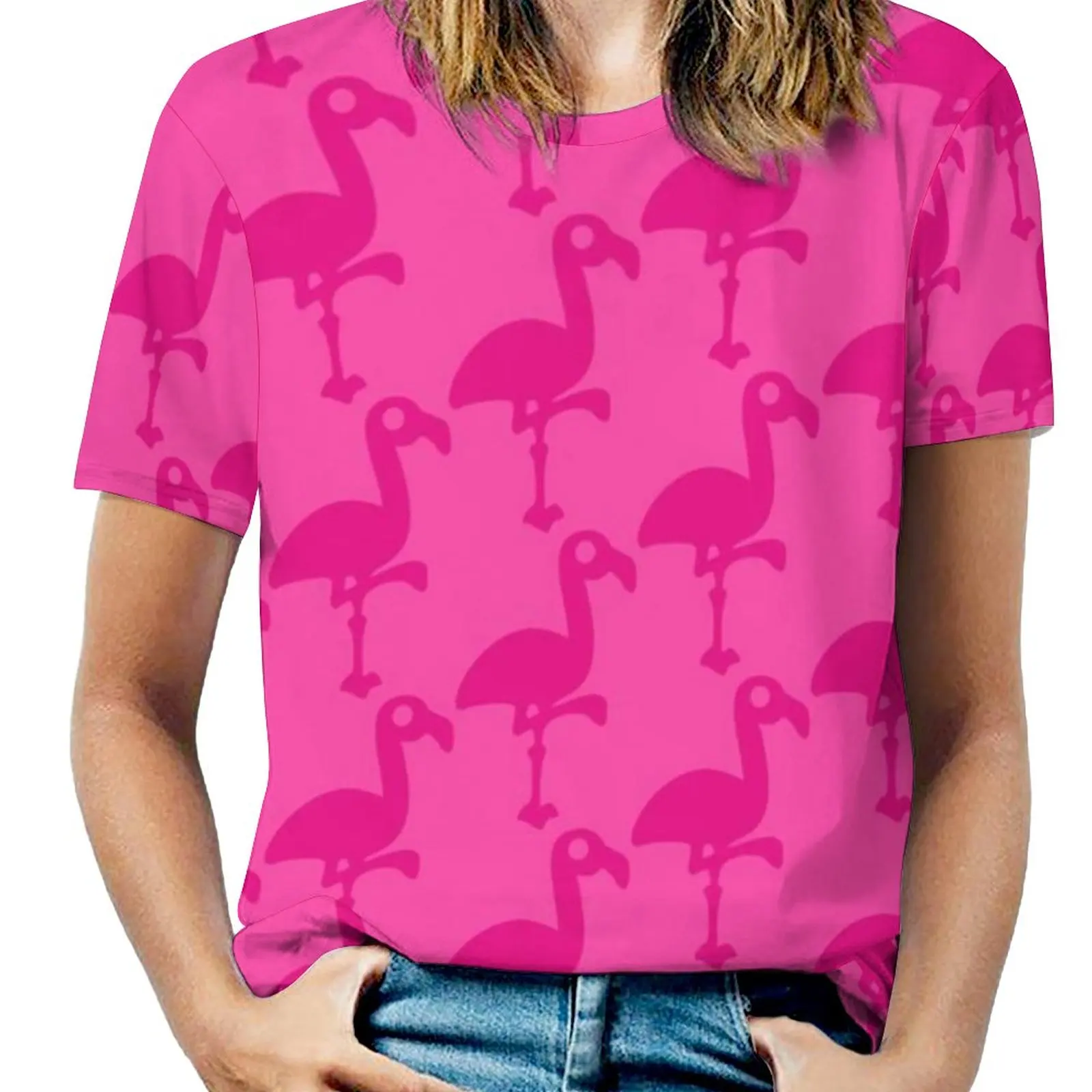 Flamingo-pink Panic Women T-shirt Crewneck Casual Short Sleeve Tops ...
