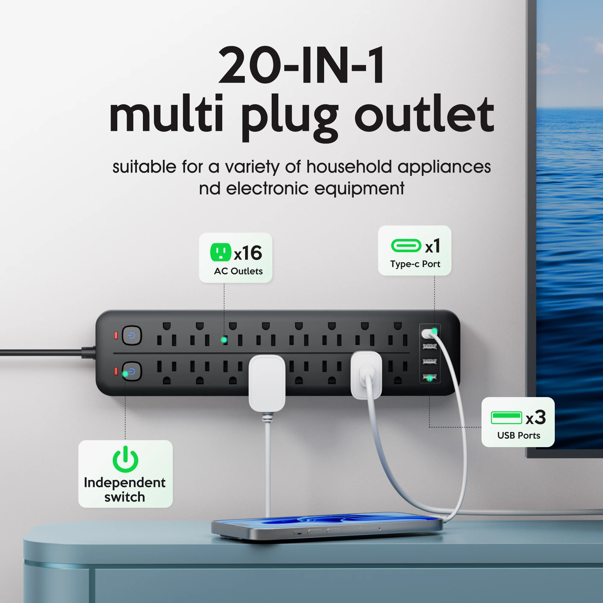 20-in-1 US Power Strip High-Capacity 16 AC Outlets + 4 USB Ports, Multi ...