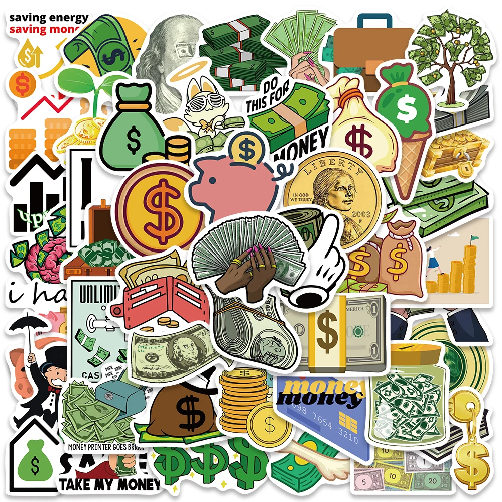 50pcs-Money-Coins-Dollars-Stickers-Funny-Cartoon-Graffiti-Decals-For ...