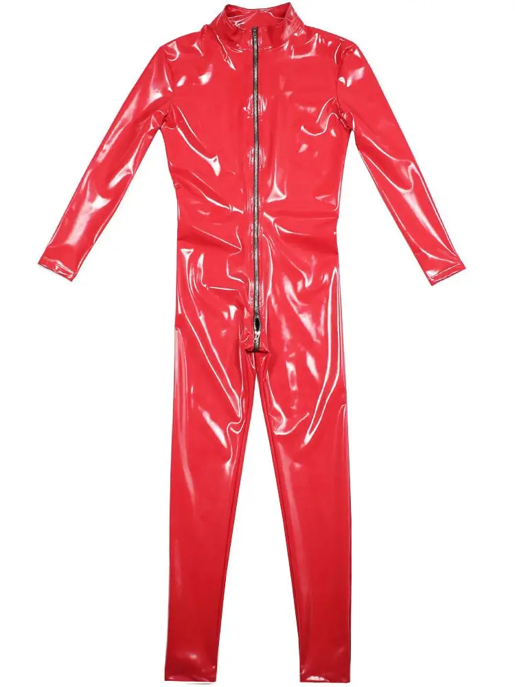 Wet Look PVC Catsuit Shiny PU Leather Cosplay Jumpsuit 3 Zipper Open ...