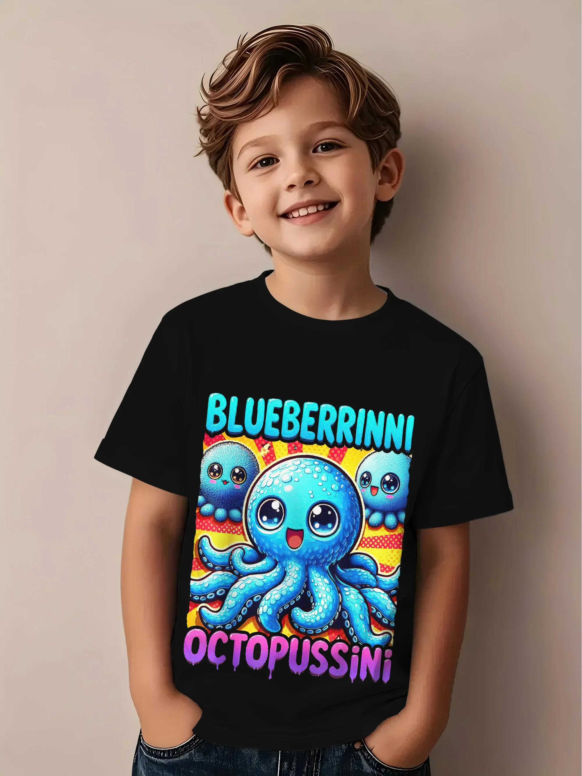 Funny Cartoon Blueberry Octopus Italian Brainrot Print T-Shirt Kids Tee ...