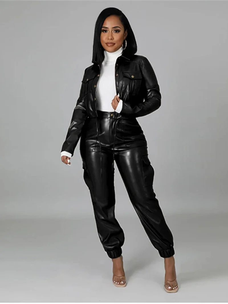 Faux Leather Two 2 Piece Sets Womens Outfits Autumn Clothing Set ...