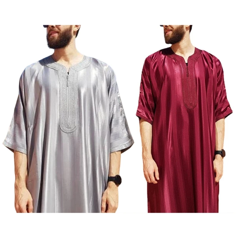 Mens-Long-Sleeve-Kaftan-Arab-Robe-Stand-Collar-Muslim-Robe-Crew-Neck ...