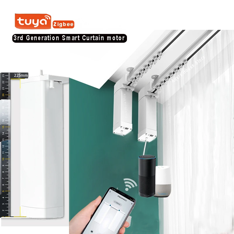 3rd Generation Shorter Tuya Zigbee Electric Smart Curtain Motor Motorized System Remote ...