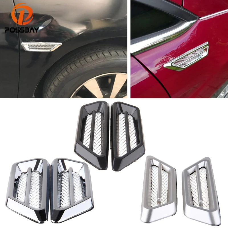 POSSBAY Universal 3D Air Flow Vent Black/Silver Fender Stickers Hood ...
