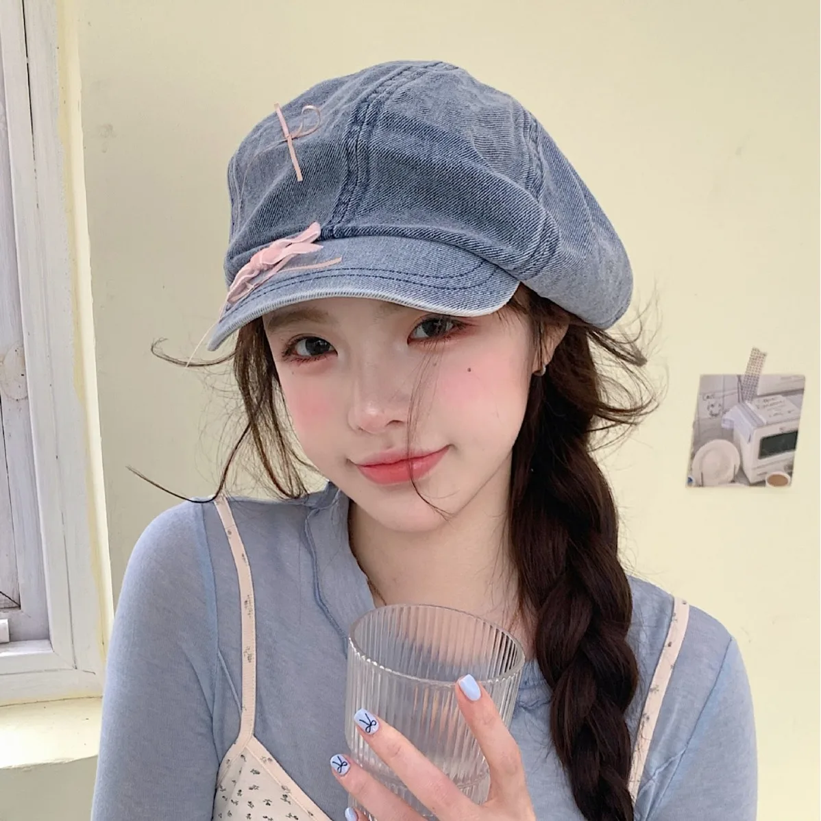 Ladies' Berets Korean Denim Bow Cute Sweet Kawaii Simple Verstaile ...