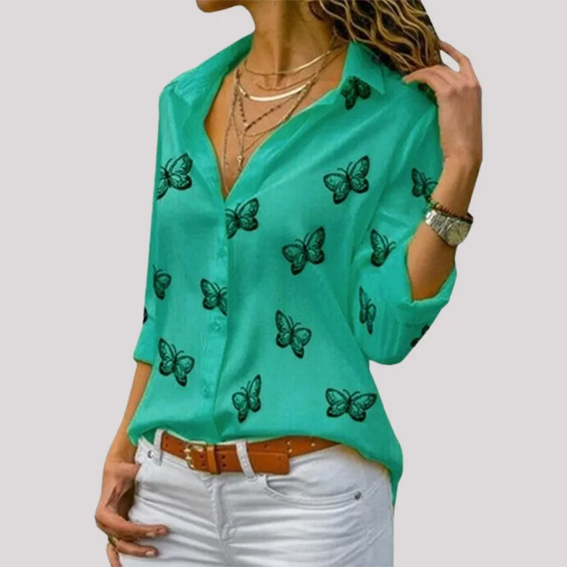 7 Solid Color Butterfly Print Blouse Women's V-Neck Button Long Sleeved ...