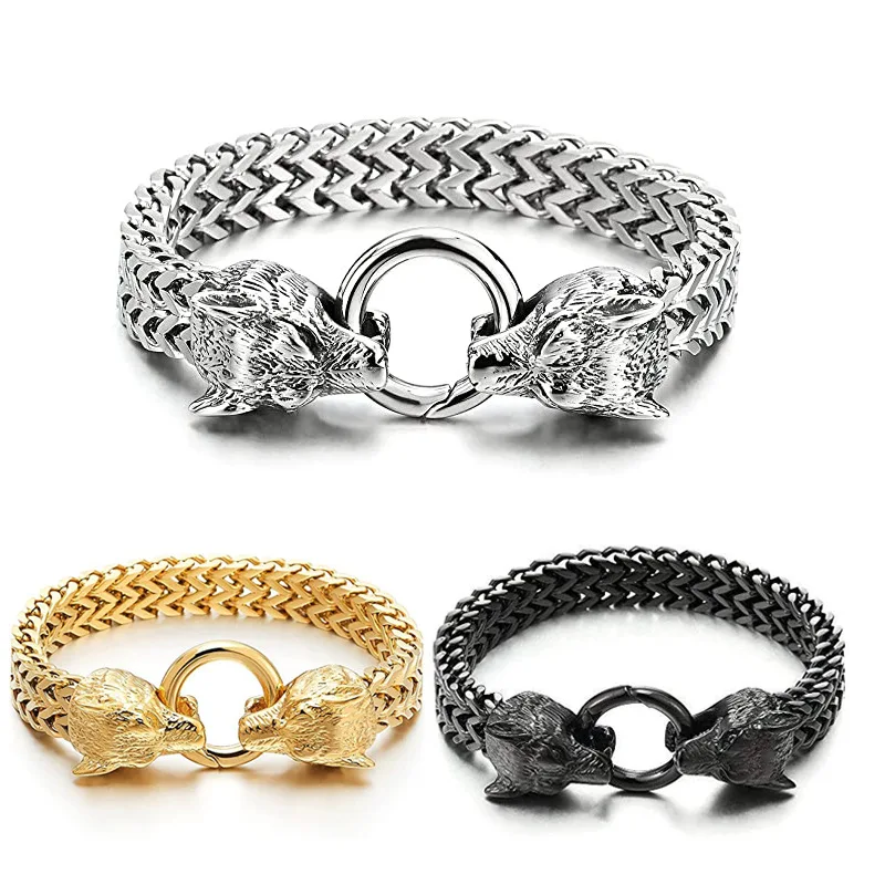 Punk Style Retro Viking Double Wolf Head Bite Buckle Men's Bracelet ...
