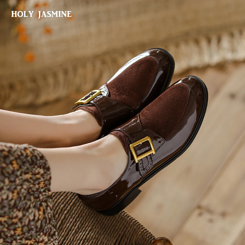 Zapatos De piel De ante para Mujer, mocasines Vintage sin cordones, informales, y hebilla con ...