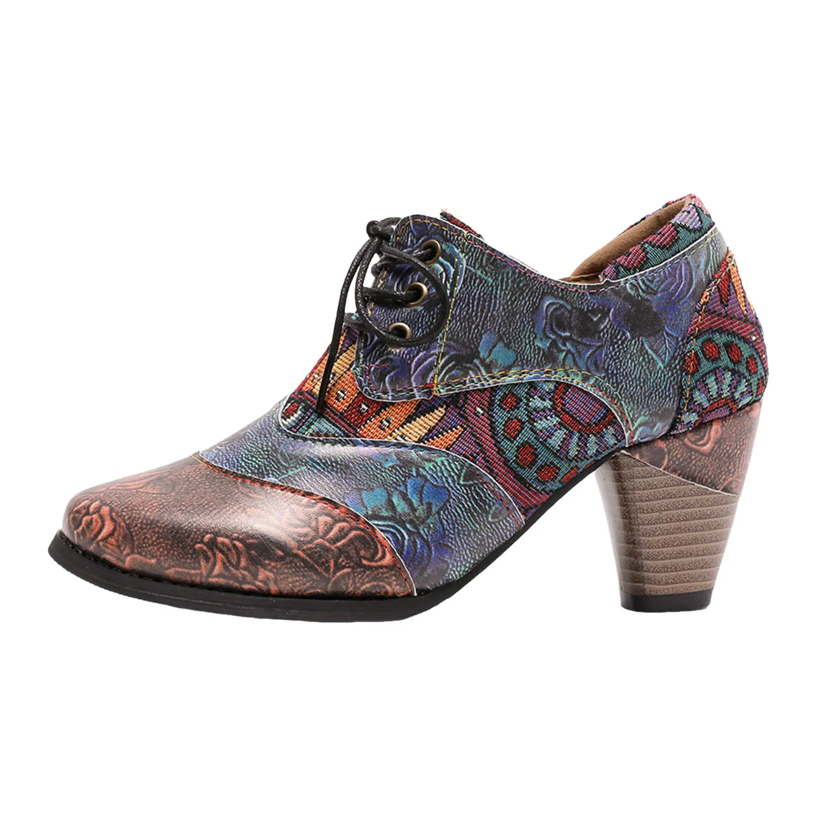 Boho Boots Womens Floral Bohemian Lace Up Round Toe Block Heel Ankle ...