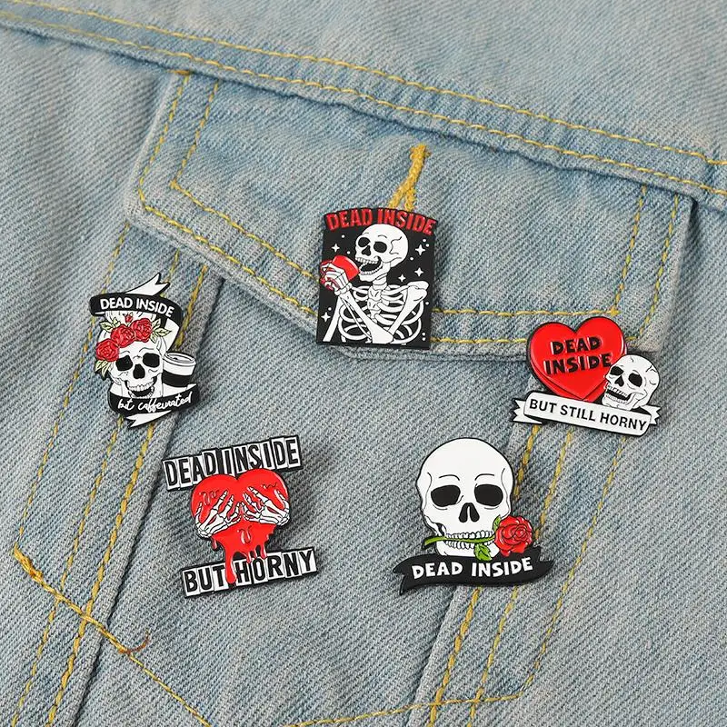 Dead-Inside-But-Horny-Enamel-Pins-Custom-Skeleton-Rose-Heart-Brooches ...