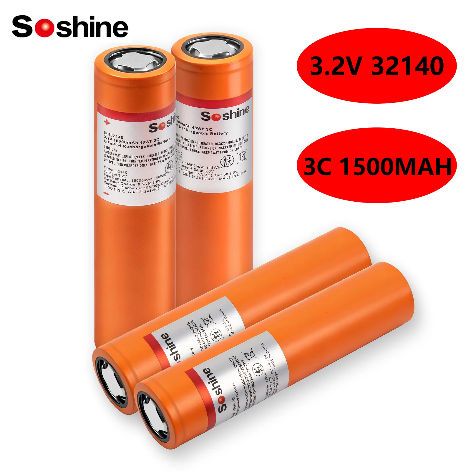 Soshine 32140 3.2V 15Ah Battery 3C 1500mah LiFePo4 Rechargeable ...