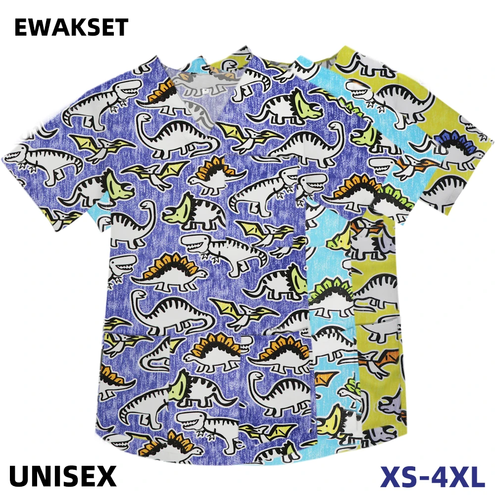 Women Men Dinosaur Printed Uniform Medical Scrub Blouse Dental Spa Vet ...