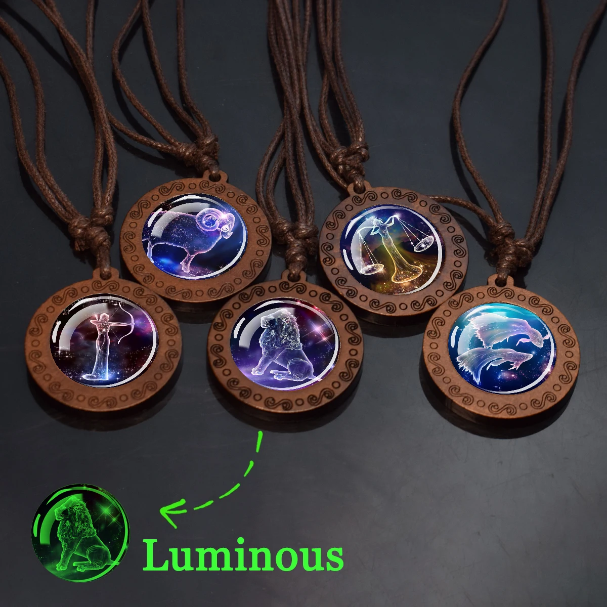 12 Constellation Luminous Glass Dome Necklace Women Men Vintage Wooden ...