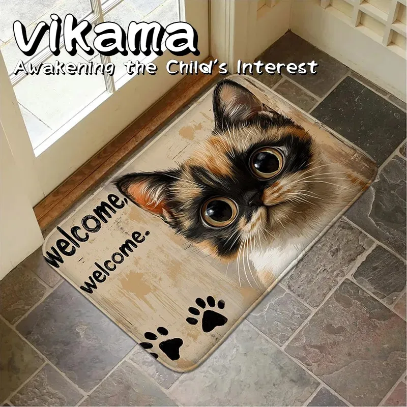 VIKAMA Whimsical Cat Welcome Mat - Flannel Doormat With Playful Paw ...