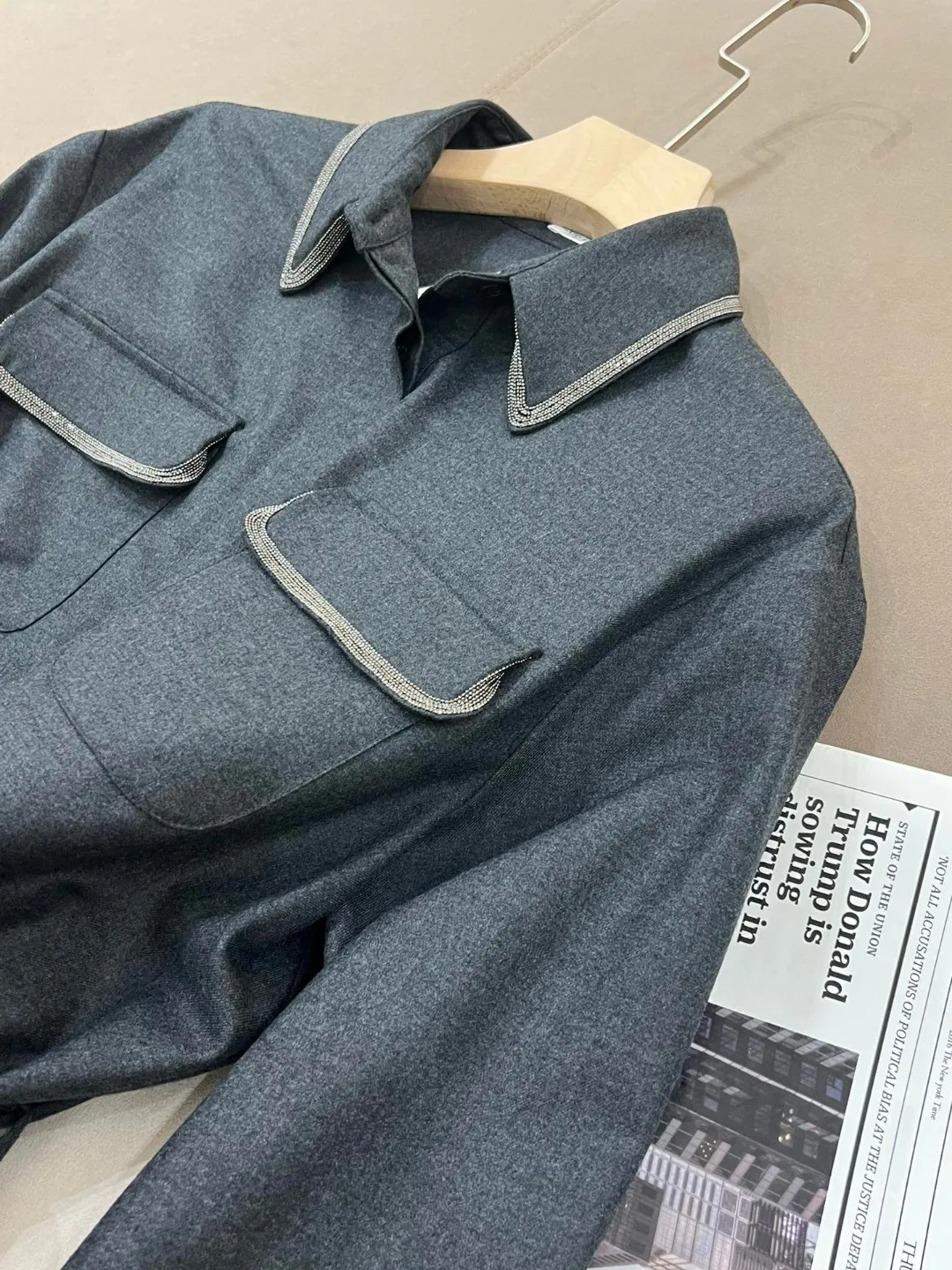 Women-s-Single-Breasted-Pocket-Trim-Dress-Commuter-Wool-Charcoal-Black ...