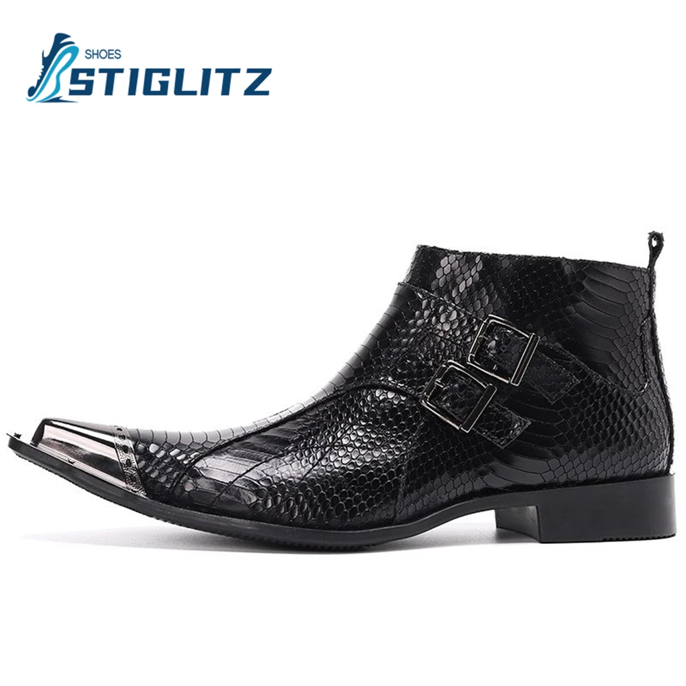 Panel-Crocodile-Chelsea-Ankle-Boots-Buckle-Side-Zipper-Black-Leather ...