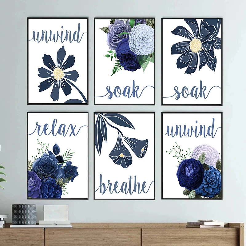 Relax-Soak-Unwind-Breathe-Navy-Blue-Tone-Flowers-Butterflies-Posters ...