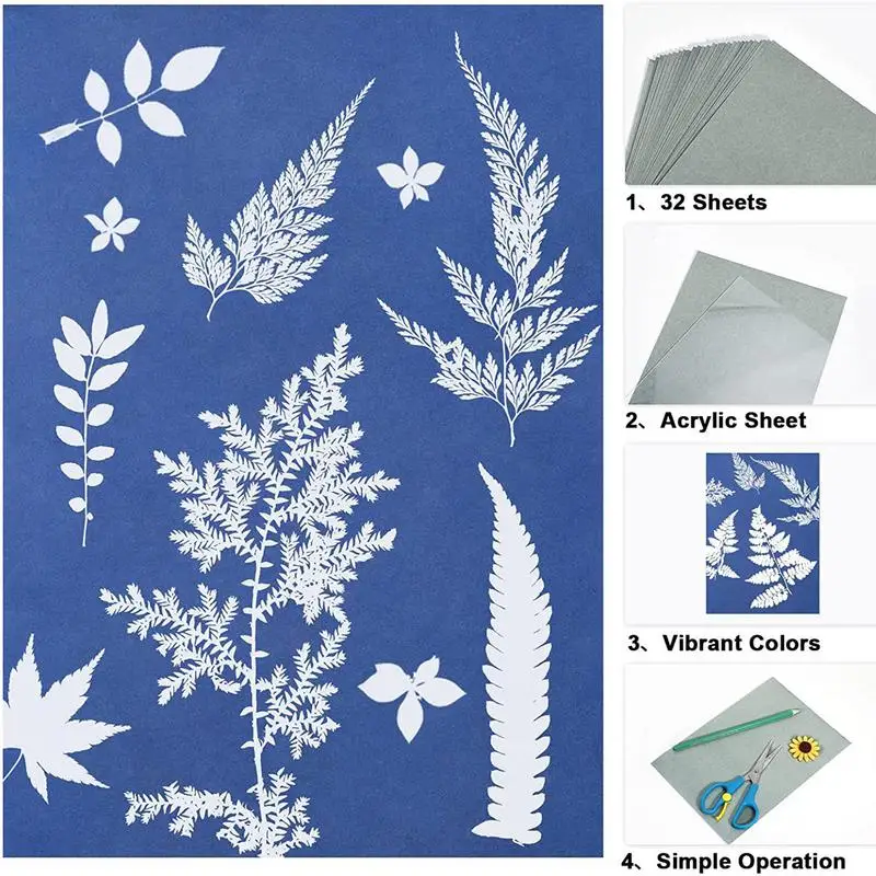 32-Sheets-Sun-Print-Paper-With-1-Sheet-Acrylic-Panel-Cyanotype-Paper-A5 ...