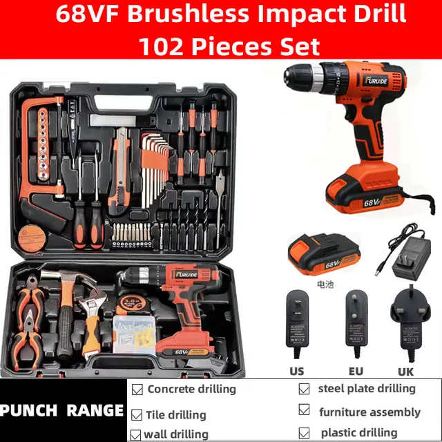 68VF Brushless Cordless Drill Complete Tool Kit Toolbox Power Electric ...