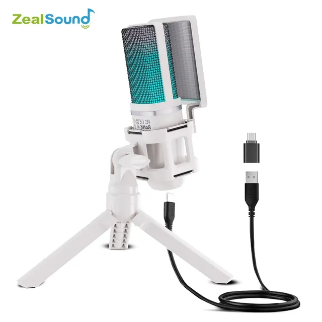 Zealsound USB Condenser Recording Microphone White RGB Streaming Mic ...