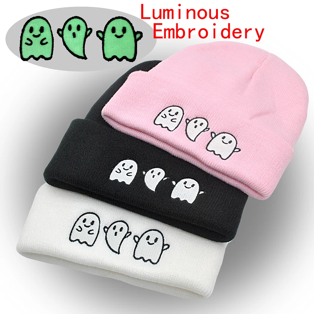 Halloween-Ghost-Beanie-Luminous-Embroidered-Knitted-Hats-Unisex-Ski ...