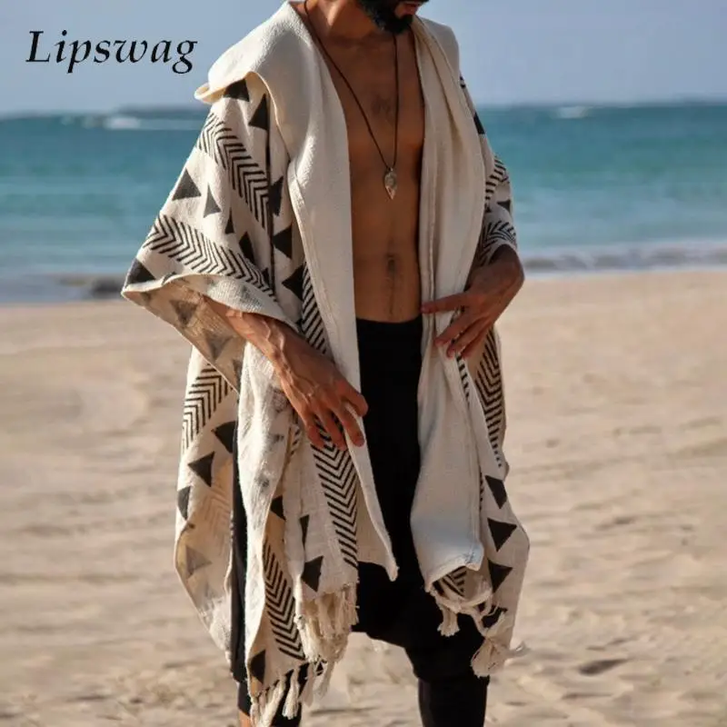 Sunproof Breathable Beach Cover-up Cloak Mens Ethnic Vintage Boho Long ...