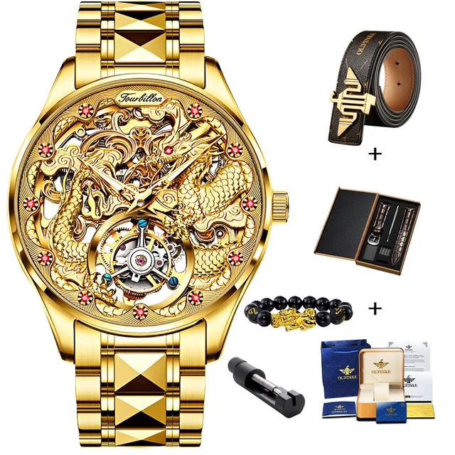 OUPINKE Men's Automatic Mechanical Tourbillon Watches Waterproof Gold ...