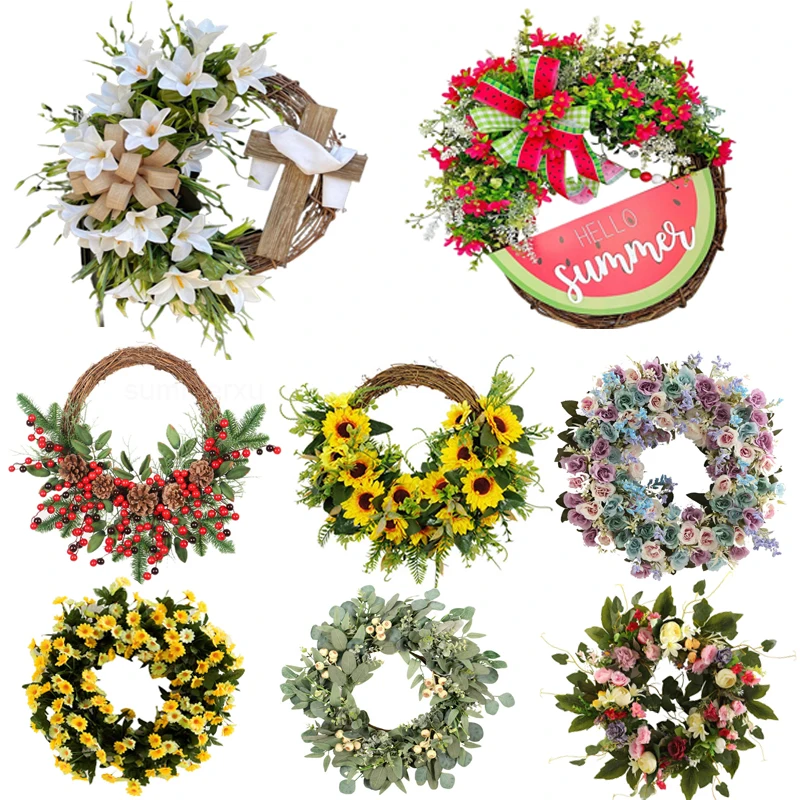 Easter Cross Wreath with Bow Rattan Ring Garland Hanging Ornament for ...