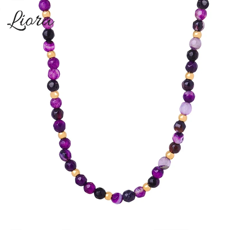 Liora Premium Purple Natural Stone Stainless Steel Strand Beads ...