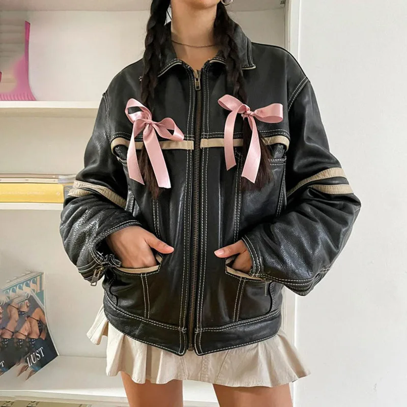 Chaqueta-de-cuero-PU-con-lazo-Y2k-para-mujer-abrigo-de-gran-tama-o-con ...