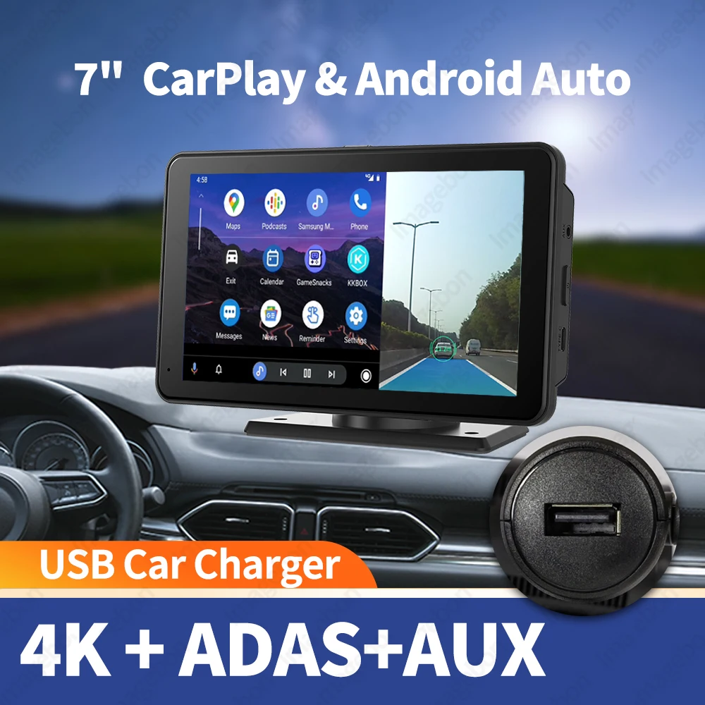 7" 4K ADAS Dash Cam Wireless CarPlay & Android Auto Dashboard Car DVR ...