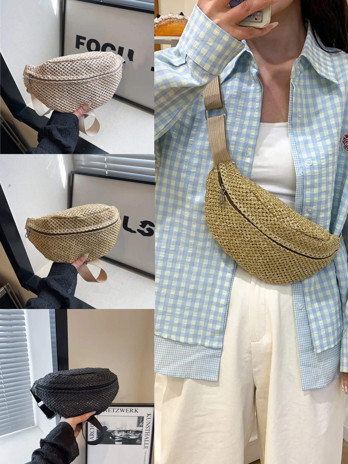 Straw Waist Bag Chest Bag Waist Pouch Cross- Body Pouch Sling Bag ...