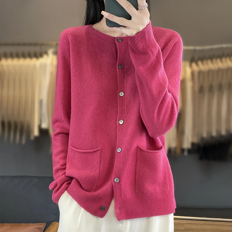 Women's Round Neck Knitted Solid Color Double Pocket Sweater For Autumn ...
