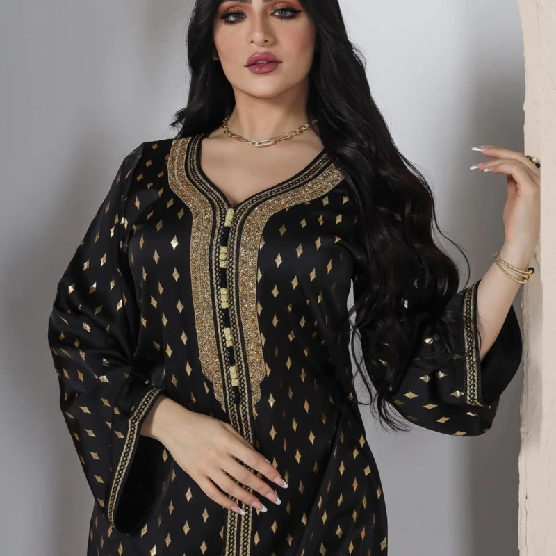 Gold Stamping Jalabiya Kaftan Dress For Women Dubai Crinkled Crepe ...