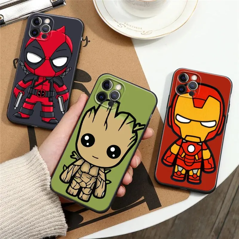 Funda de silicona negra Marvel Iron Man Groot para IPhone, 12, 11, 13, 14 Pro Max, XS, XR, X, 8 ...