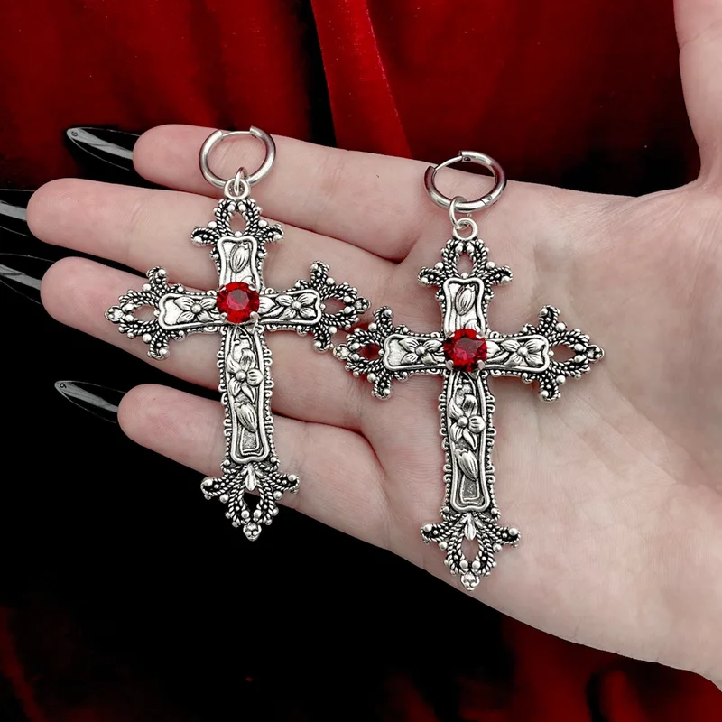 Large-Silver-Tone-Gothic-Jewel-Cross-Earrings-Cross-Earrings-Floral ...