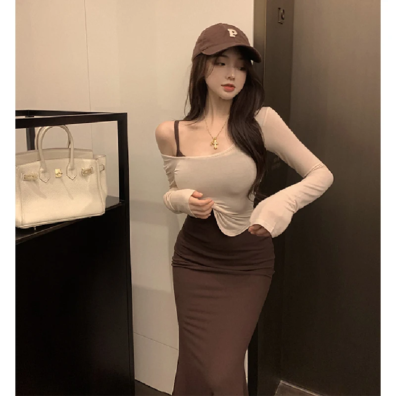 홍콩 풍미 우아한 슬림 핏 슬링 드레스 여성의 여름 순수한 욕망 어린 핫 걸 롱 스커트 섹시한 칼집 피시테일 스커트