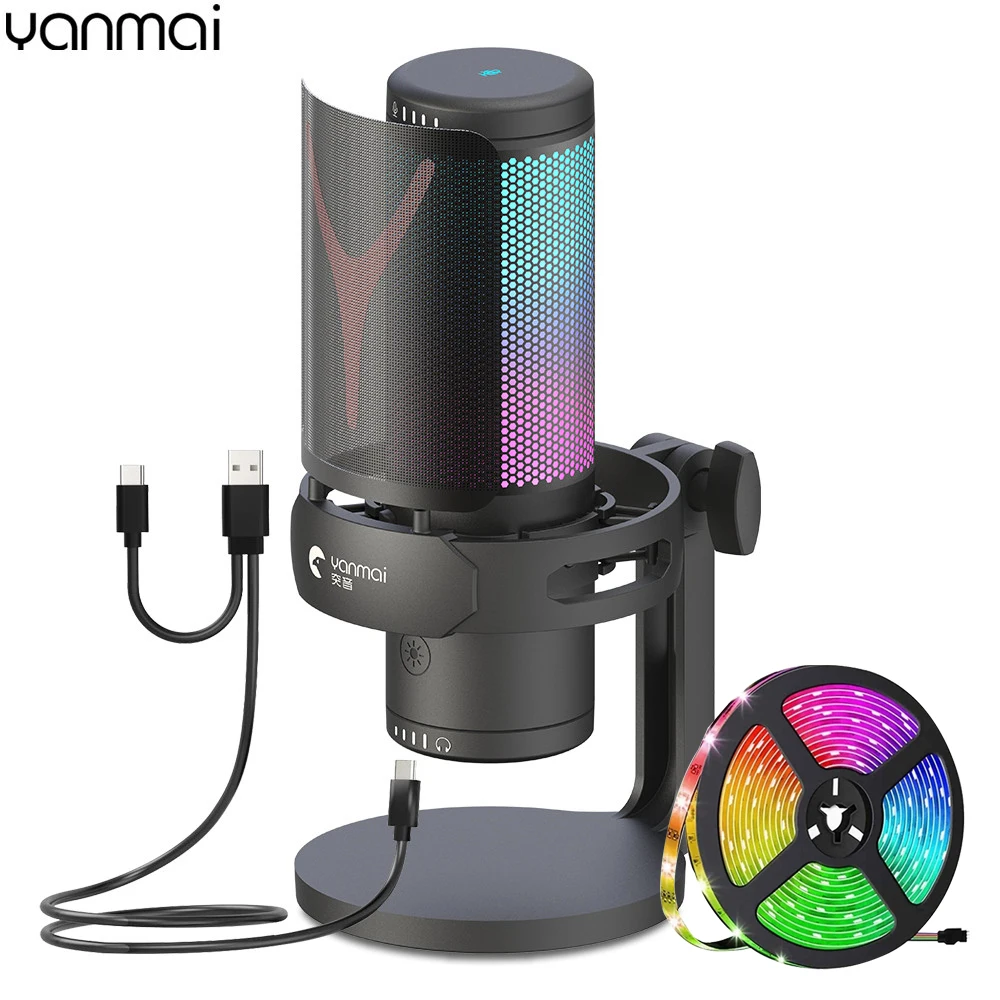 Yanmai RGB Microfone Gaming Mic, USB, microfone para Podcast, Gravação ...