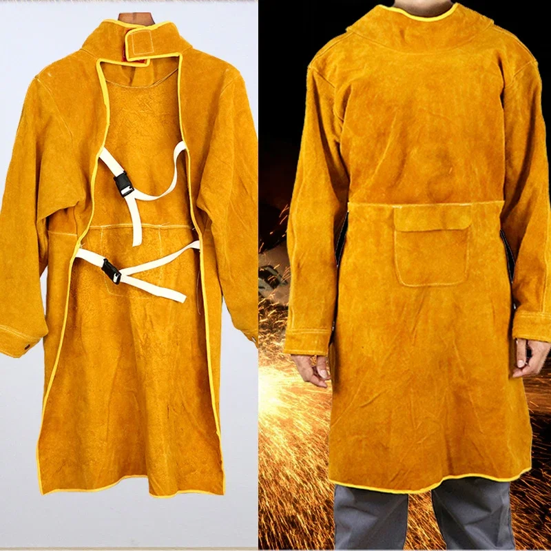 Welder-Apron-Long-Sleeve-Cowhide-Leather-Fireproof-Heat-Insulation ...